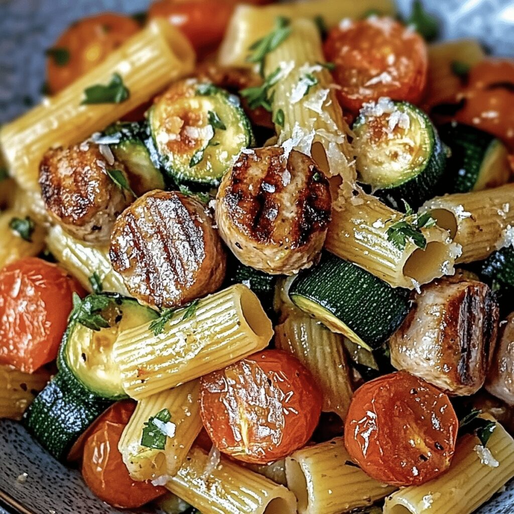 Quick Chicken Sausages with Zucchini, Tomatoes & Pasta Recipe - Dave's ...