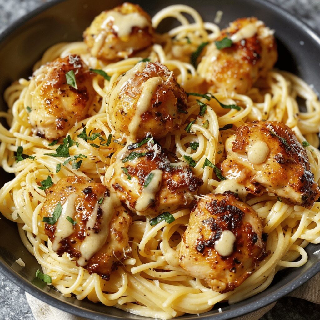 Sizzling Garlic Butter Chicken Bites with Creamy Parmesan Pasta Recipe ...