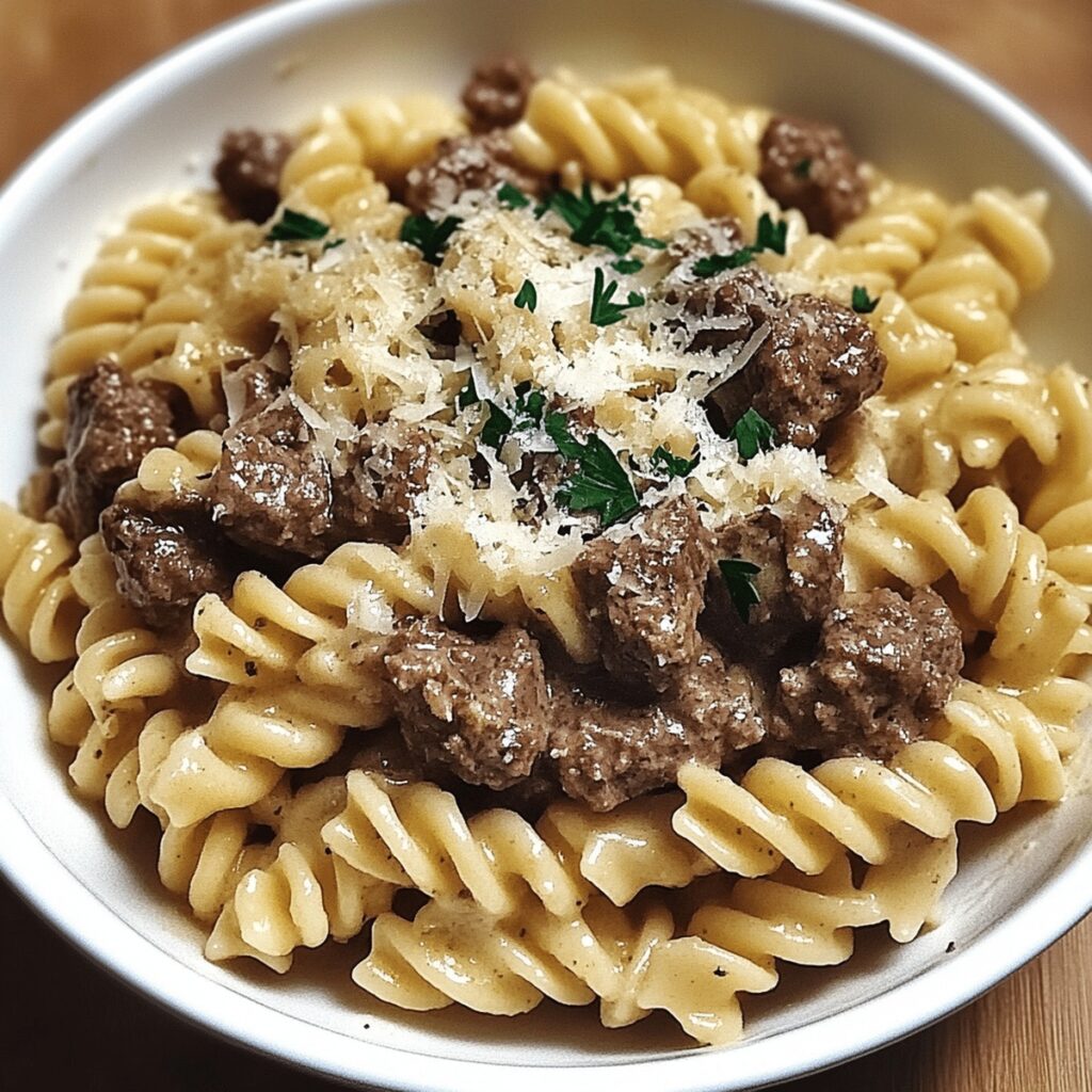Luscious Creamy Beef and Rotini in Garlic Parmesan Sauce Recipe - Dave ...
