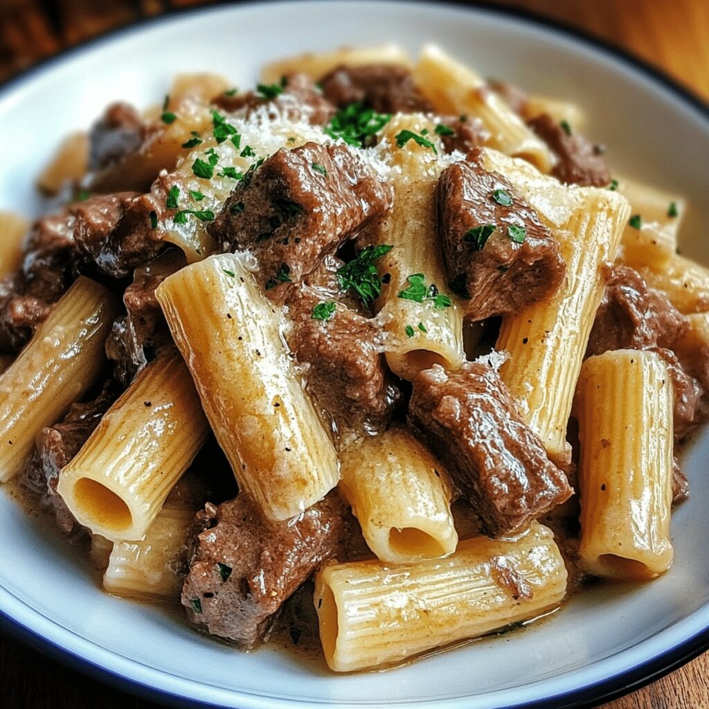 Irresistible Tender Garlic Parmesan Beef with Rigatoni Recipe - Dave's ...